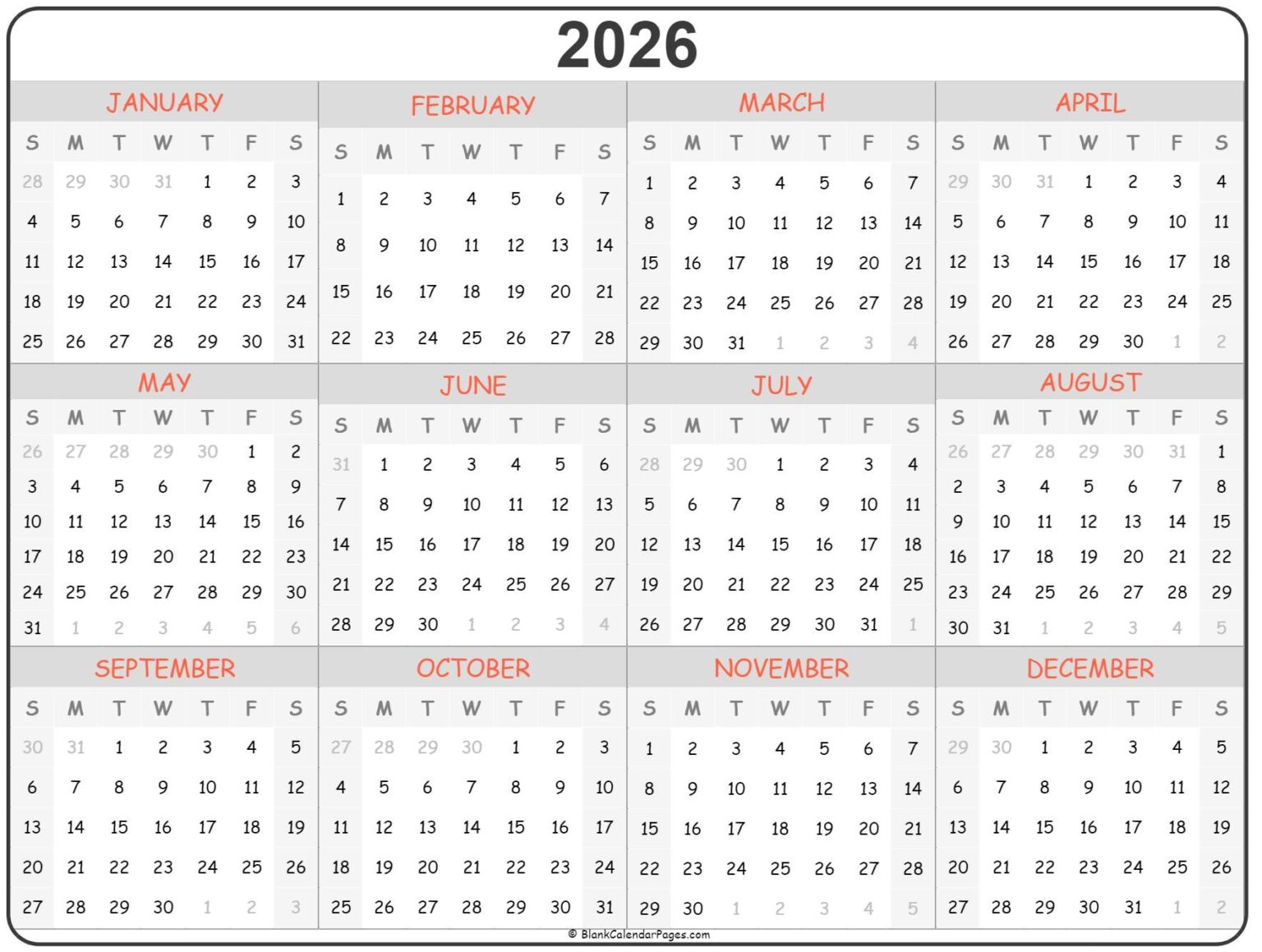 Blank Printable Calendar 2026 - Free Printable Templates
