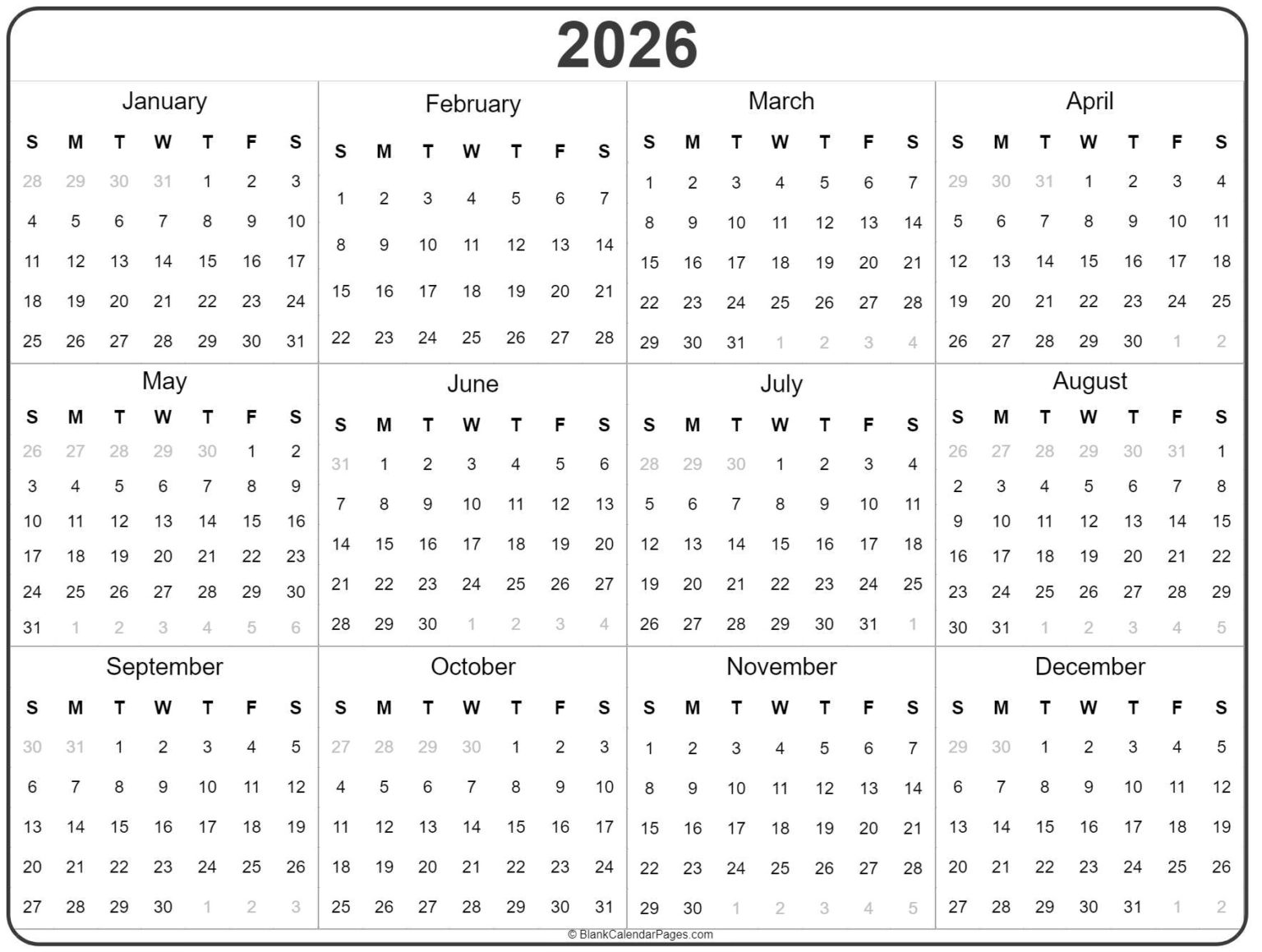 2026 Yearly Calendar, Printable Calendar, 2026 Calendar, 2026 Digital ...